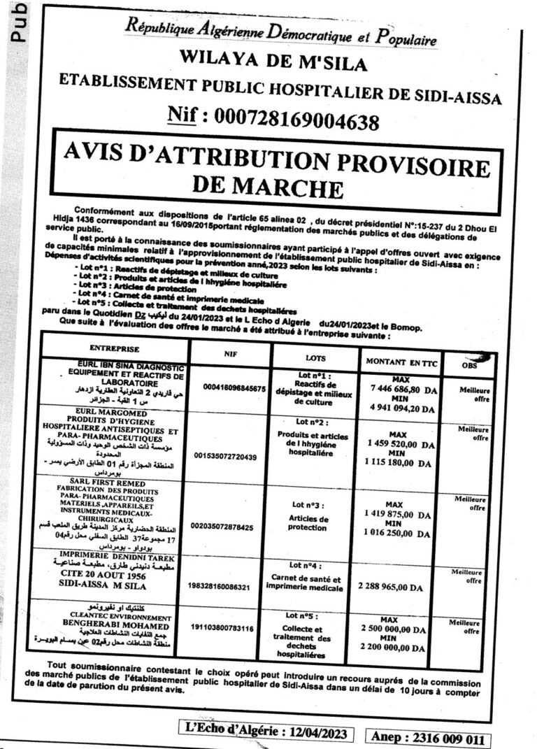 Avis d’Attribution Provisoire de Marche/ Établissement Public ...