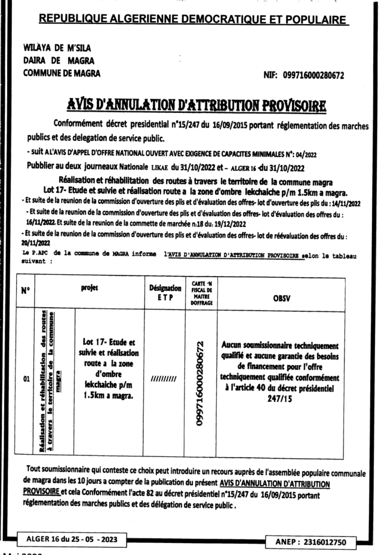 Avis d’Annulation d’Attribution Provisoire/ Commune de Magra – ولاية المسيلة | Wilaya M'sila