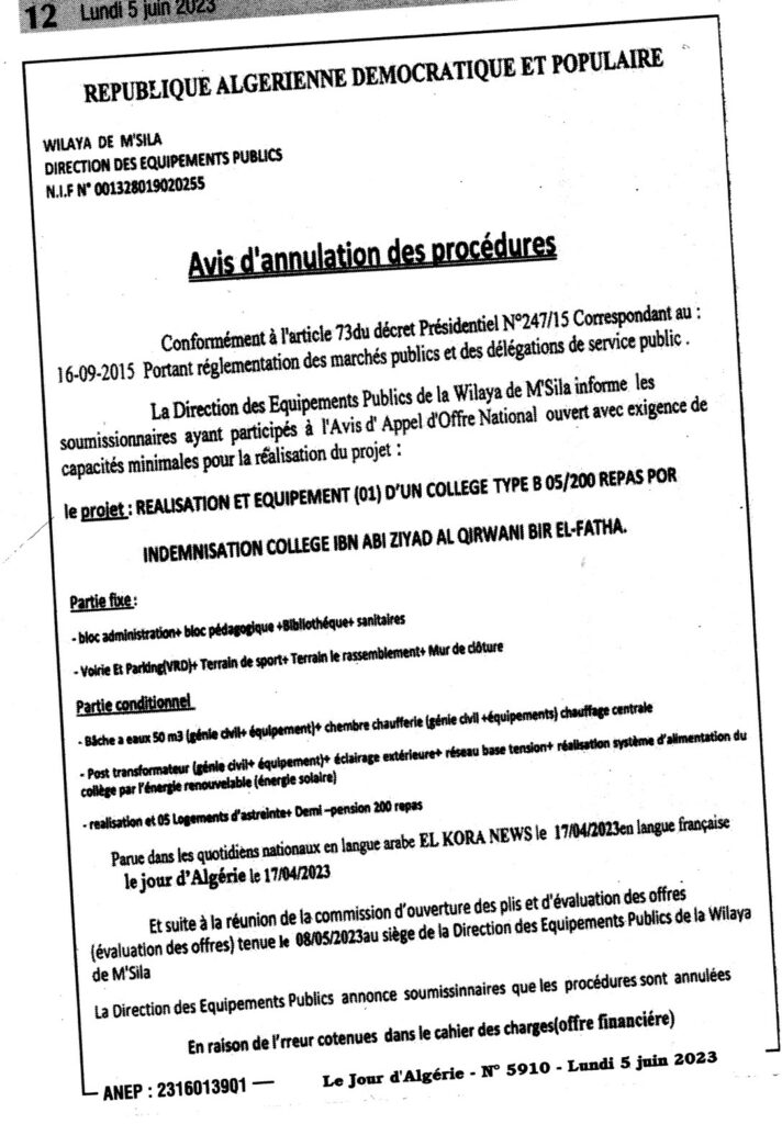 Avis d’annulation des Procédures: Réalisation et équipement 01 d’un collège type B 05/200 repas ...