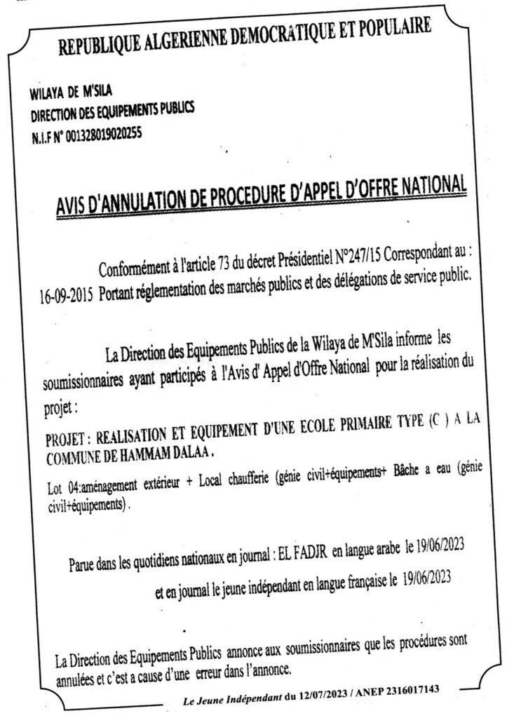 Avis d’annulation de procédure d’appel d’offre national/ Direction des équipements publics ...