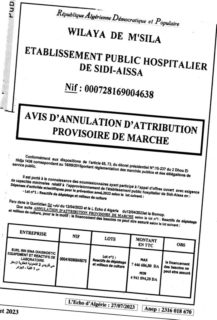 Avis d’annulation d’attribution provisoire de marche/ Établissement ...